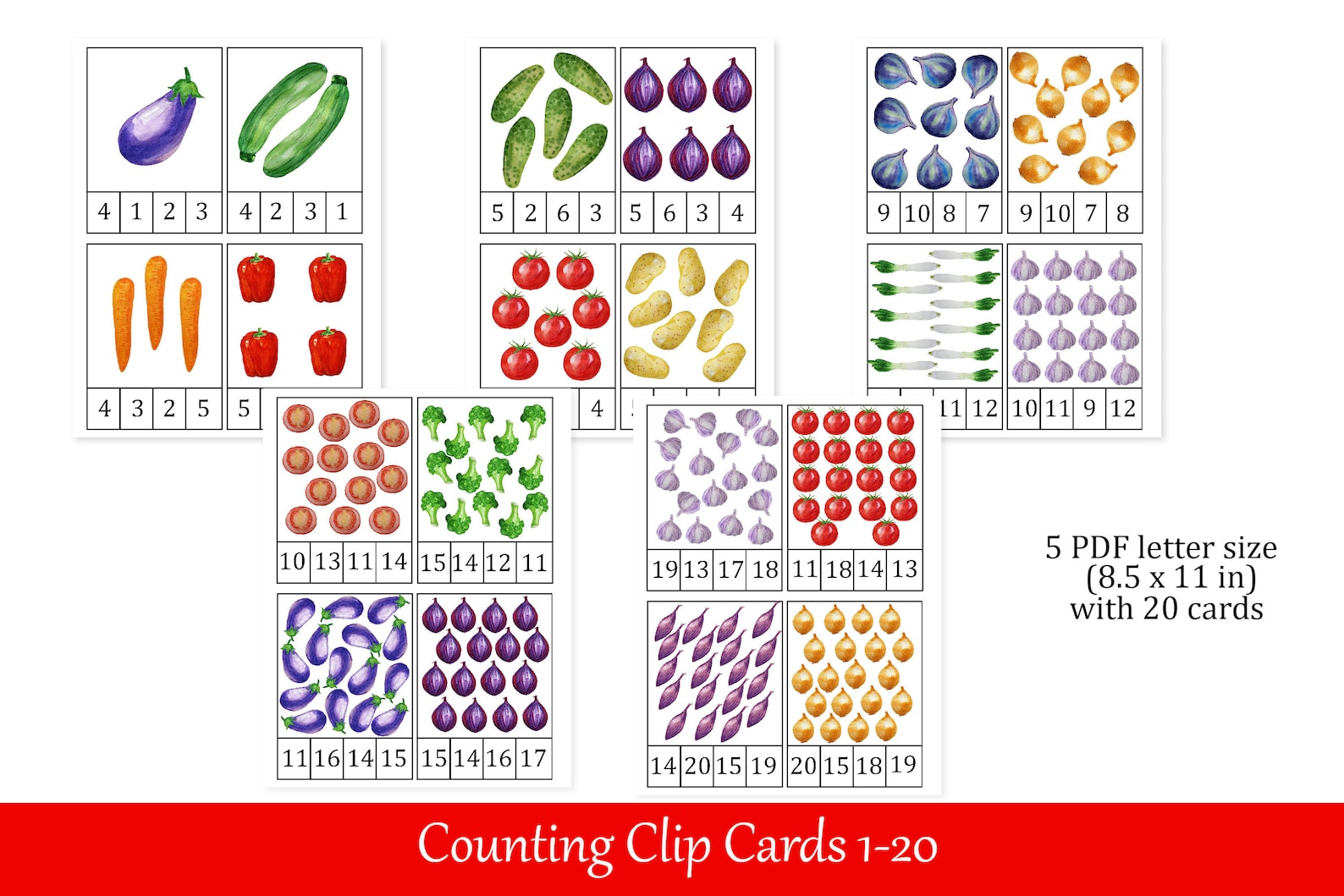 Vegetables Count and Clip Cards, Montessori Counting, Number 1 20 ...