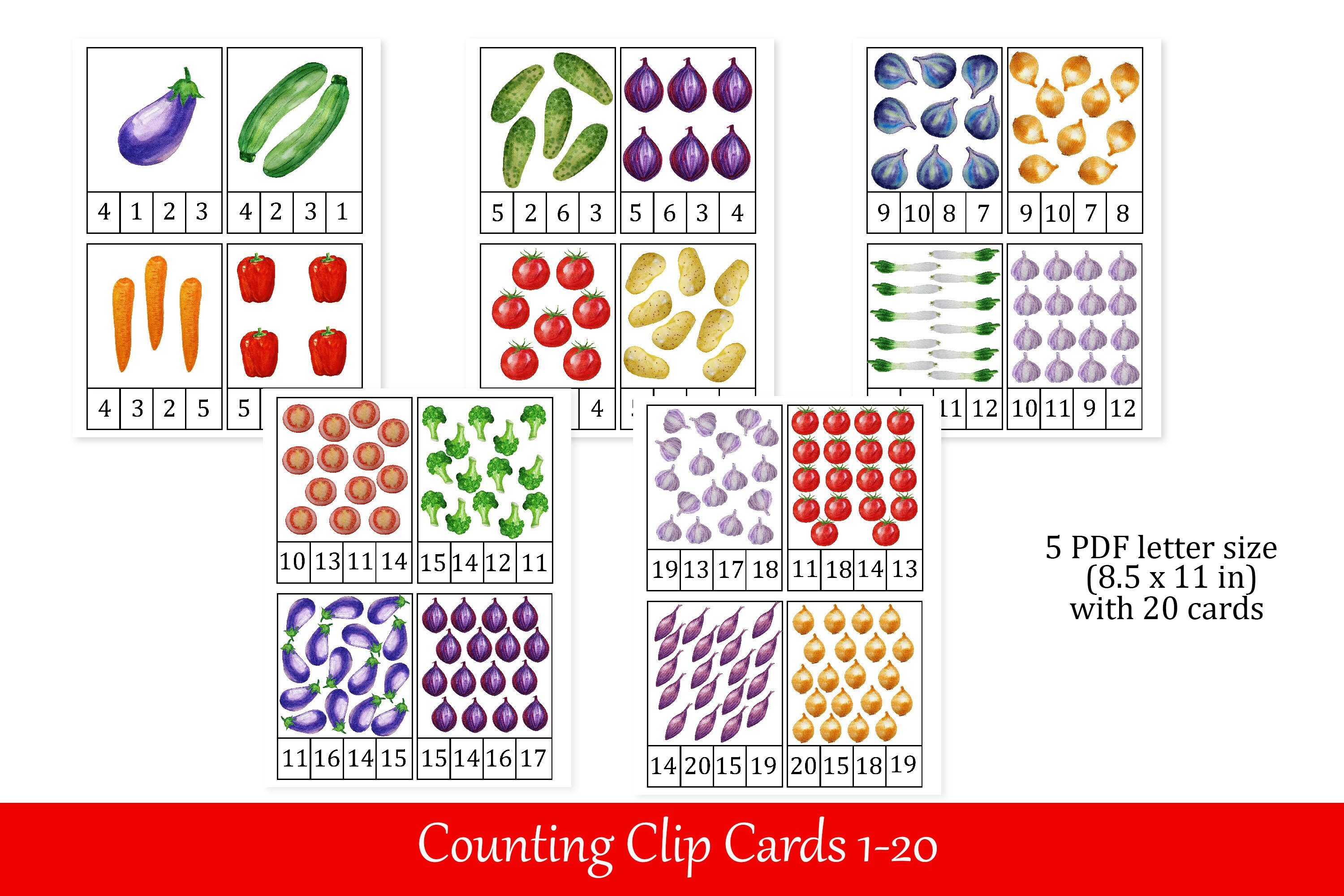 Vegetables Count and Clip Cards, Montessori Counting, Number 1 20 ...