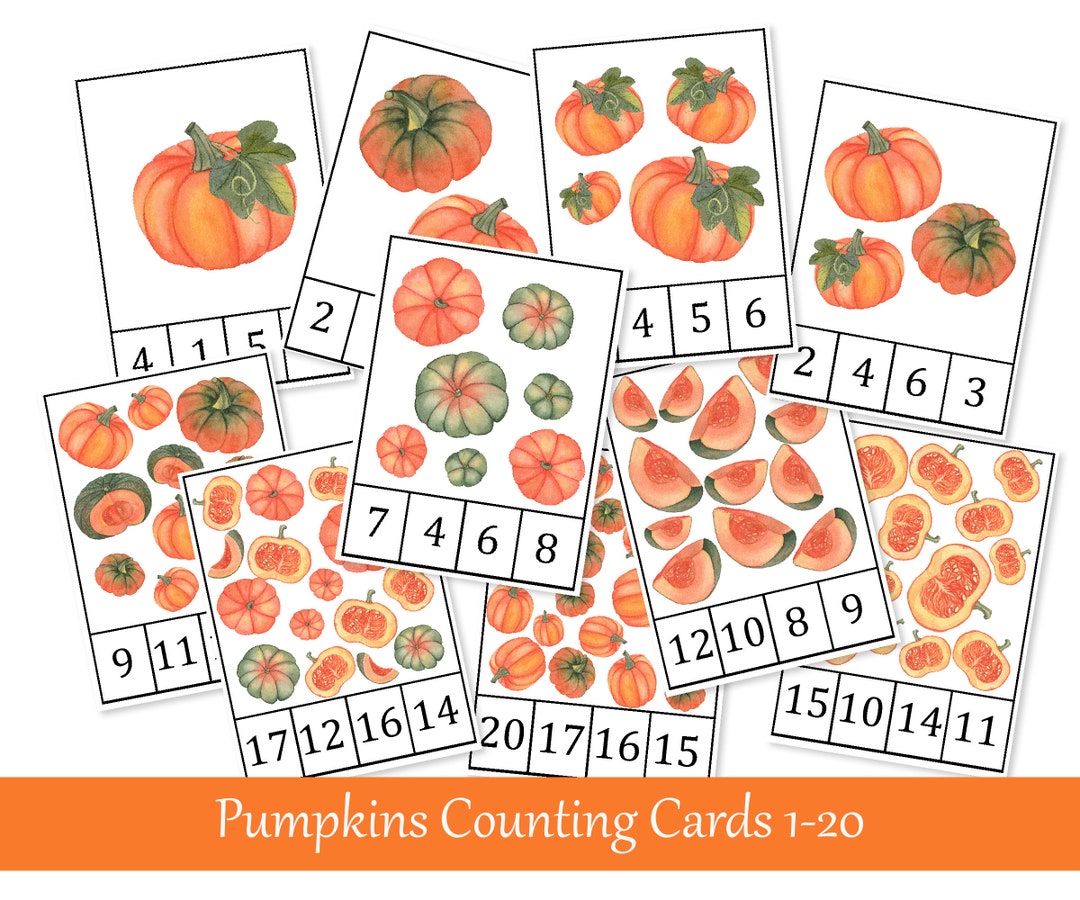 Pumpkins Autumn Counting Cards. Printable Math Flash Cards. Montessori ...