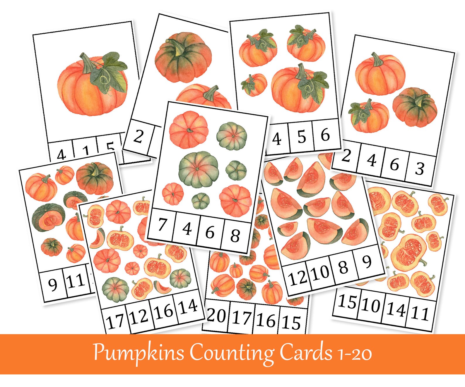 Pumpkins Autumn Counting Cards. Printable Math Flash Cards. Montessori ...