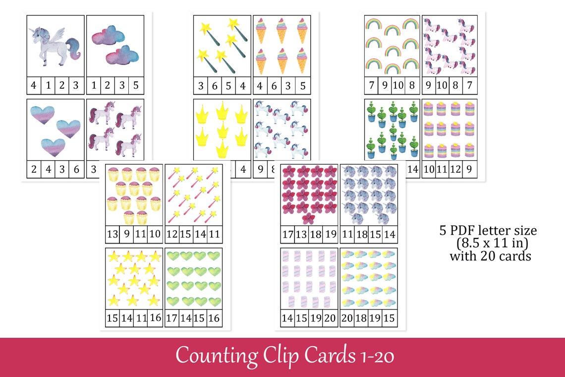 Unicorns Count and Clip Cards, Number 1 20, Flashcards, Preschool ...