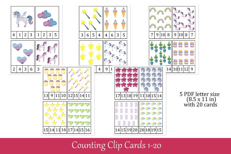 Unicorns Count and Clip Cards, Number 1 20, Flashcards, Preschool ...
