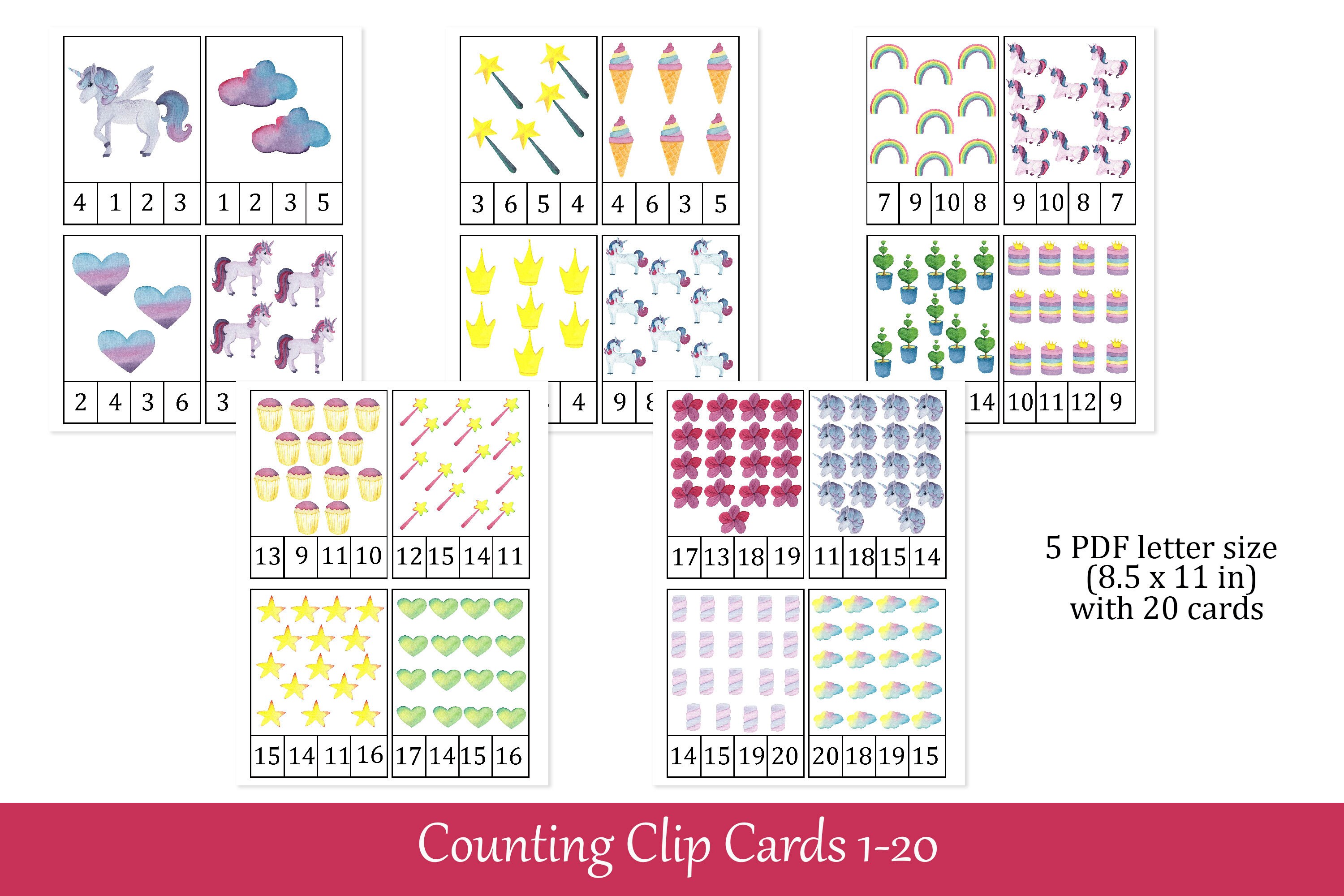 Unicorns Count and Clip Cards, Number 1 20, Flashcards, Preschool ...