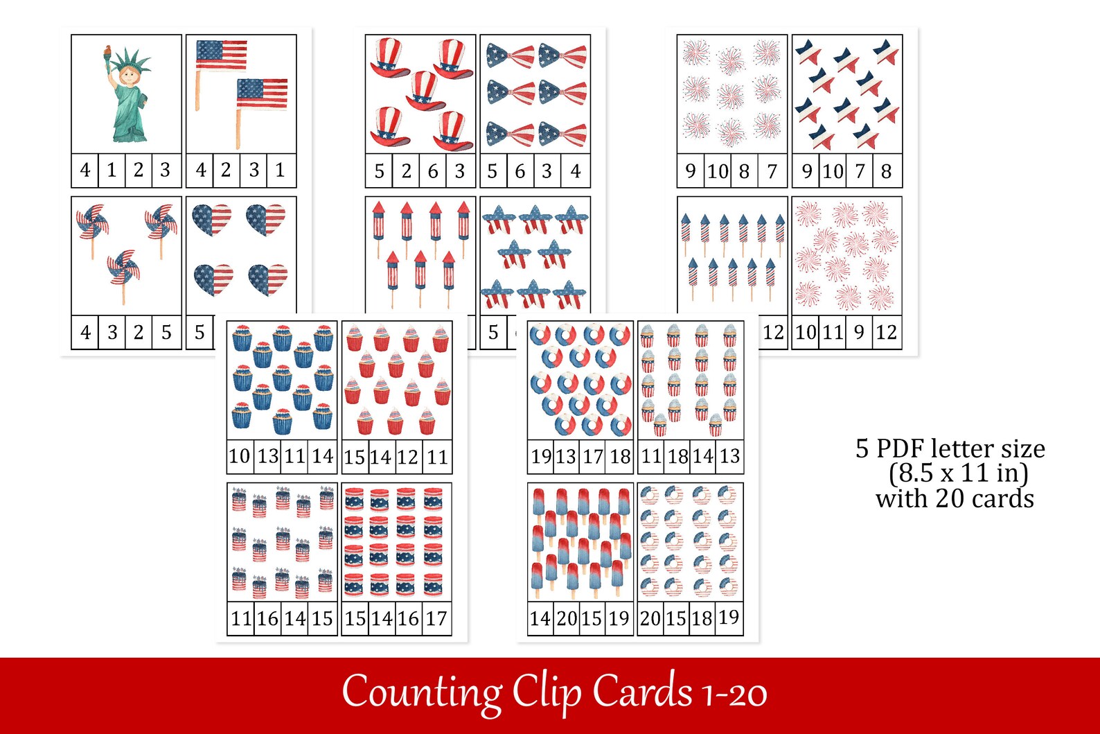 4th of July Count and Clip Cards, Number 1 - 20, USA Independence Day ...