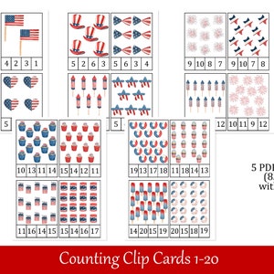 4th of July Count and Clip Cards, Number 1 - 20, USA Independence Day ...
