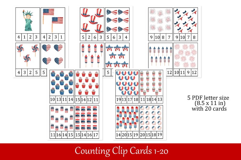 4th of July Count and Clip Cards, Number 1 - 20, USA Independence Day ...