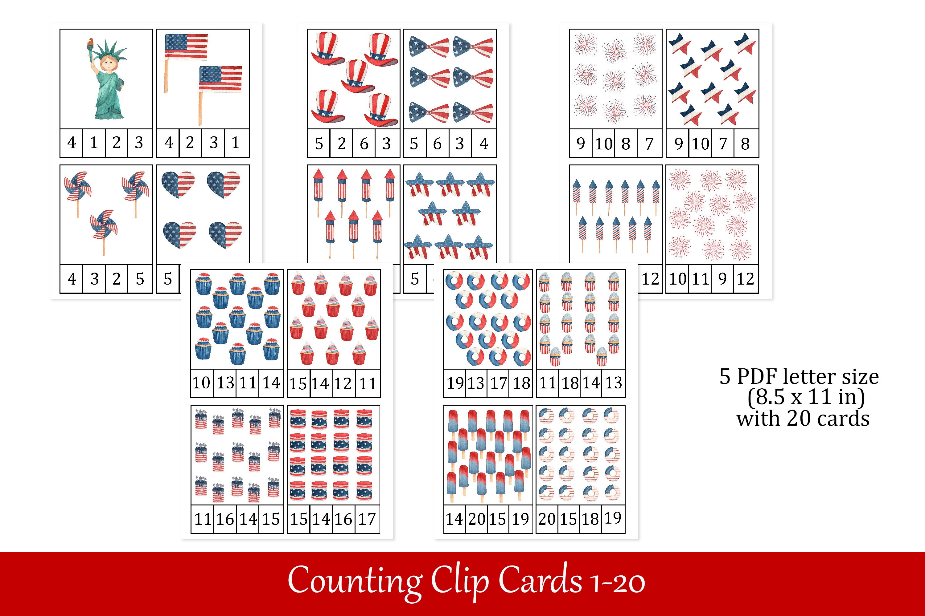 4th of July Count and Clip Cards, Number 1 - 20, USA Independence Day ...