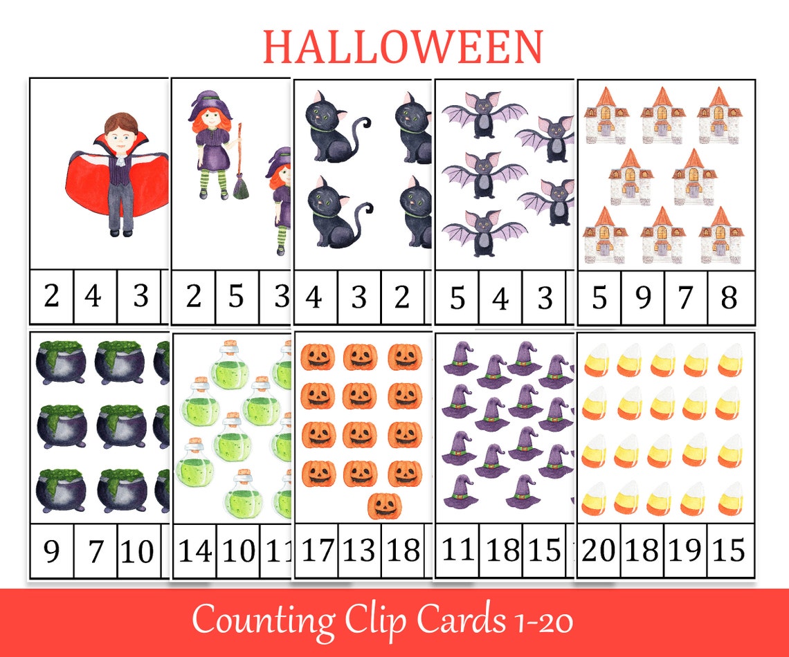 Halloween Count and Clip Cards, Number 1 - 20, Flashcards, Fall ...