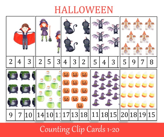 Halloween Count and Clip Cards Number 1 20 Flashcards | Etsy