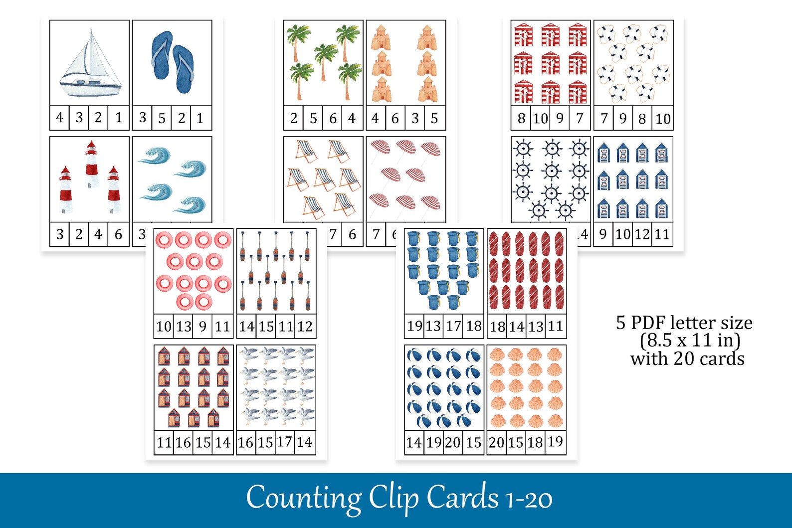 Summer Ocean Beach Count and Clip Cards, Number 1 - 20, Flashcards ...