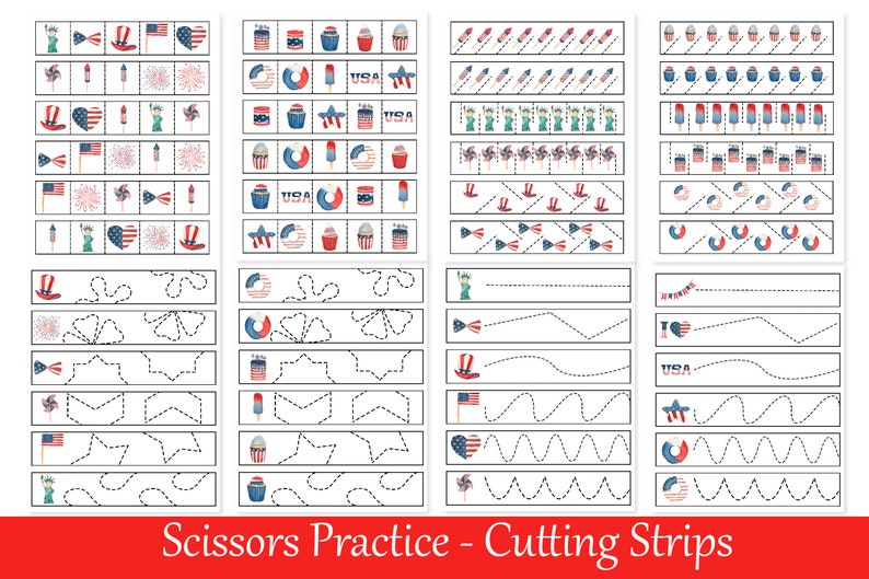 4th of July Scissors Cutting Practice, Cutting Strips for Fine Motor ...