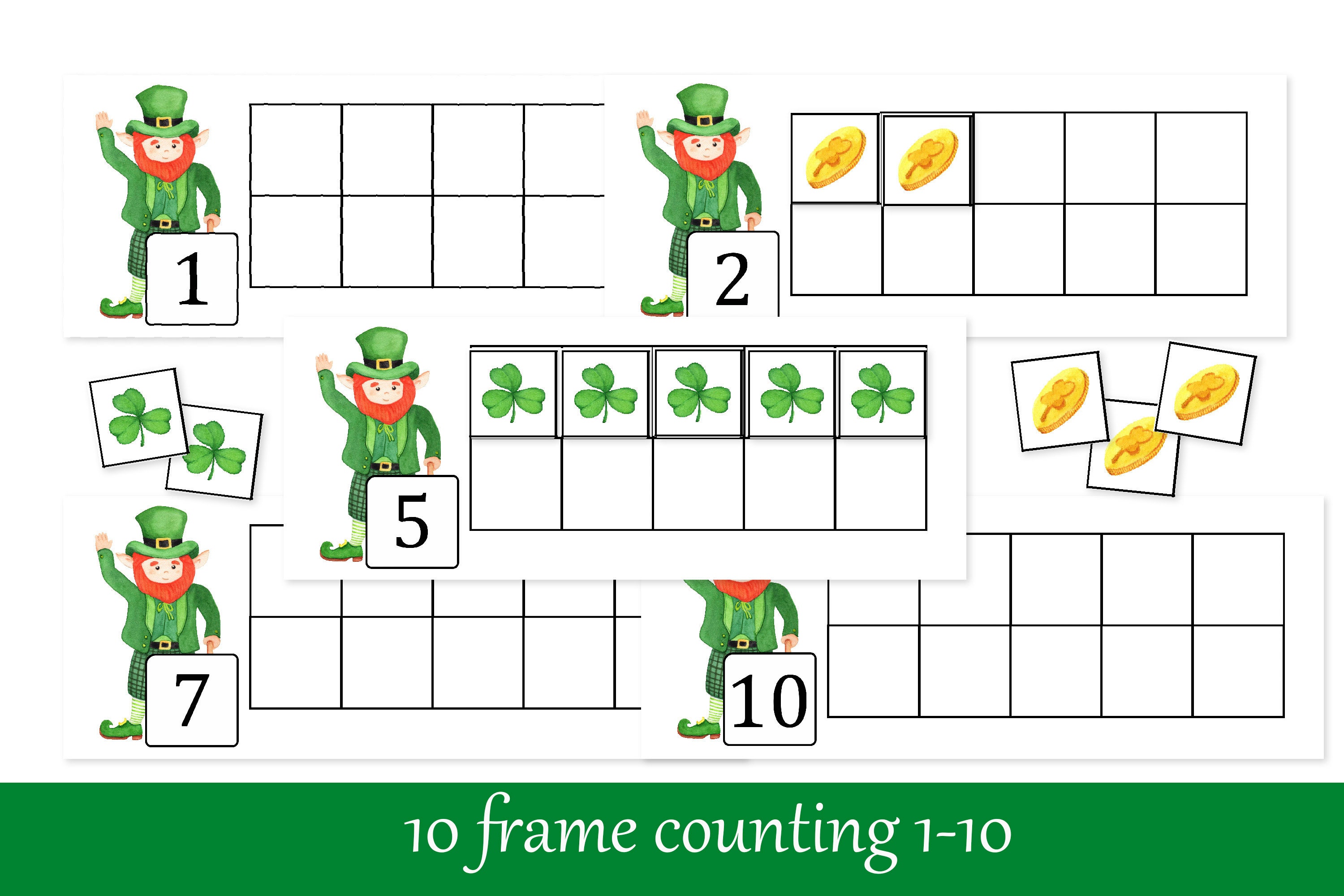 St. Patricks Day Ten Frame Counting Flashcards, Montessori Math ...