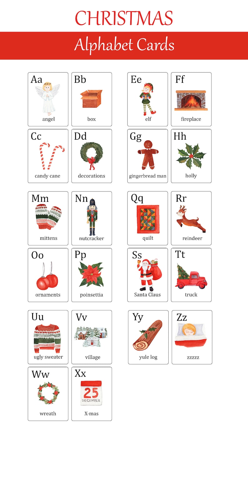 Christmas Alphabet Cards, ABC Preschool Flash Cards, Printable ...
