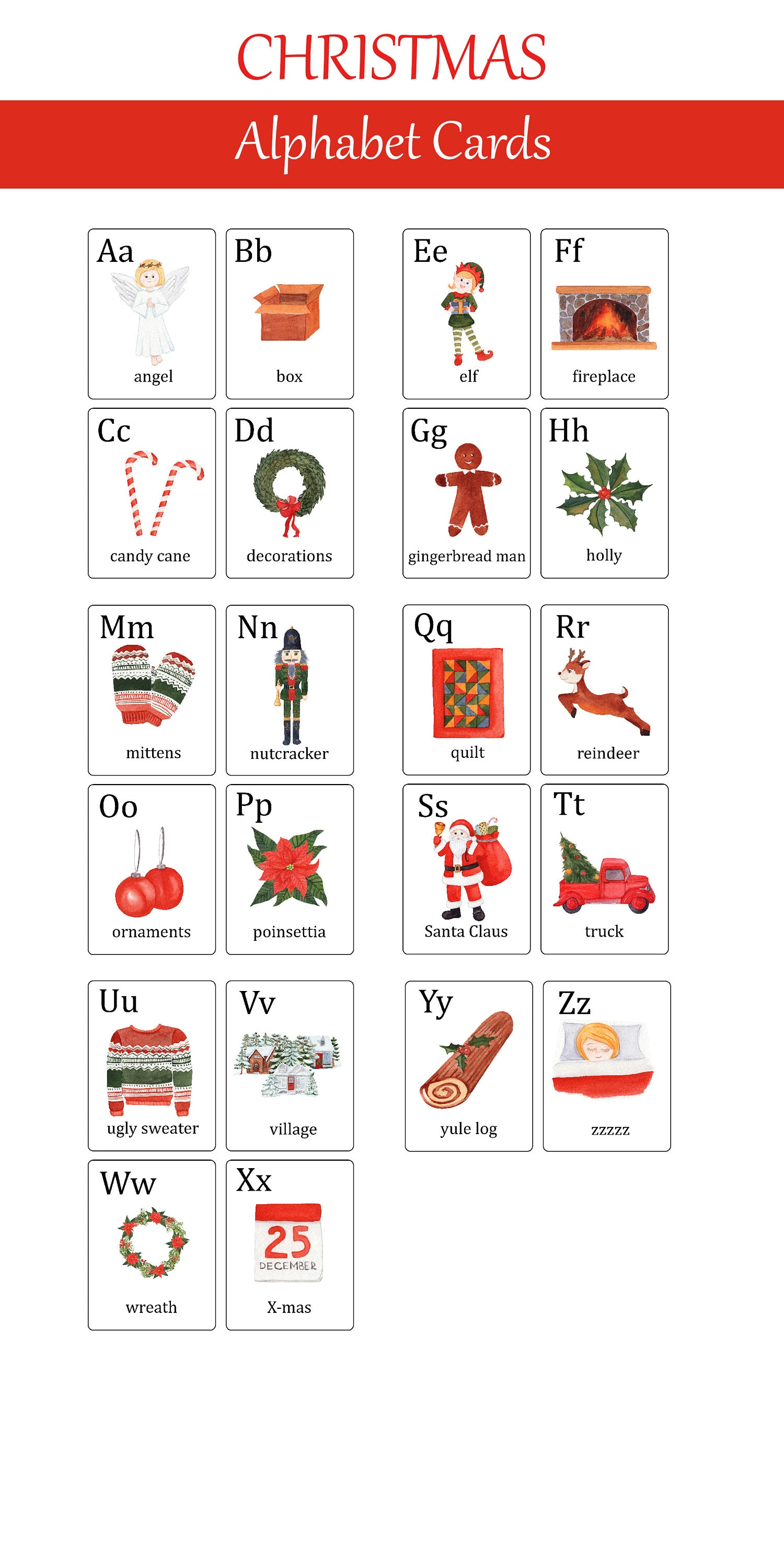Christmas Alphabet Cards, ABC Preschool Flash Cards, Printable ...