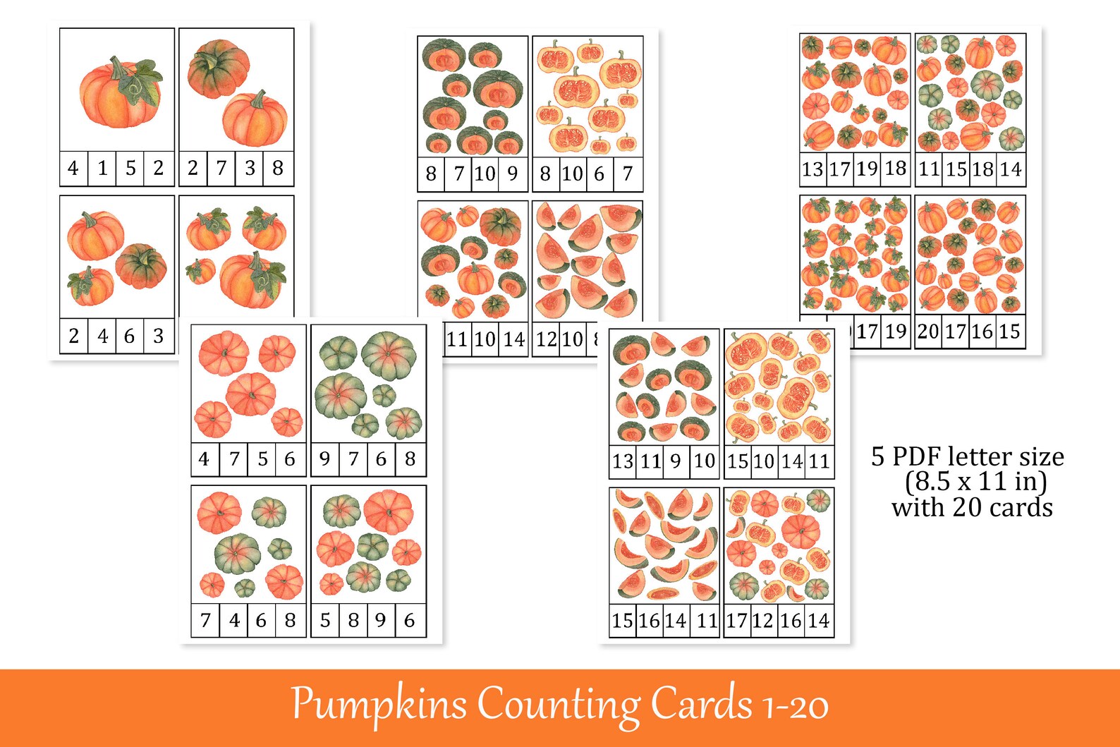 Pumpkins Autumn Counting Cards. Printable Math Flash Cards. Montessori ...