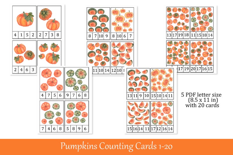 Pumpkins Autumn Counting Cards. Printable Math Flash Cards. Montessori ...