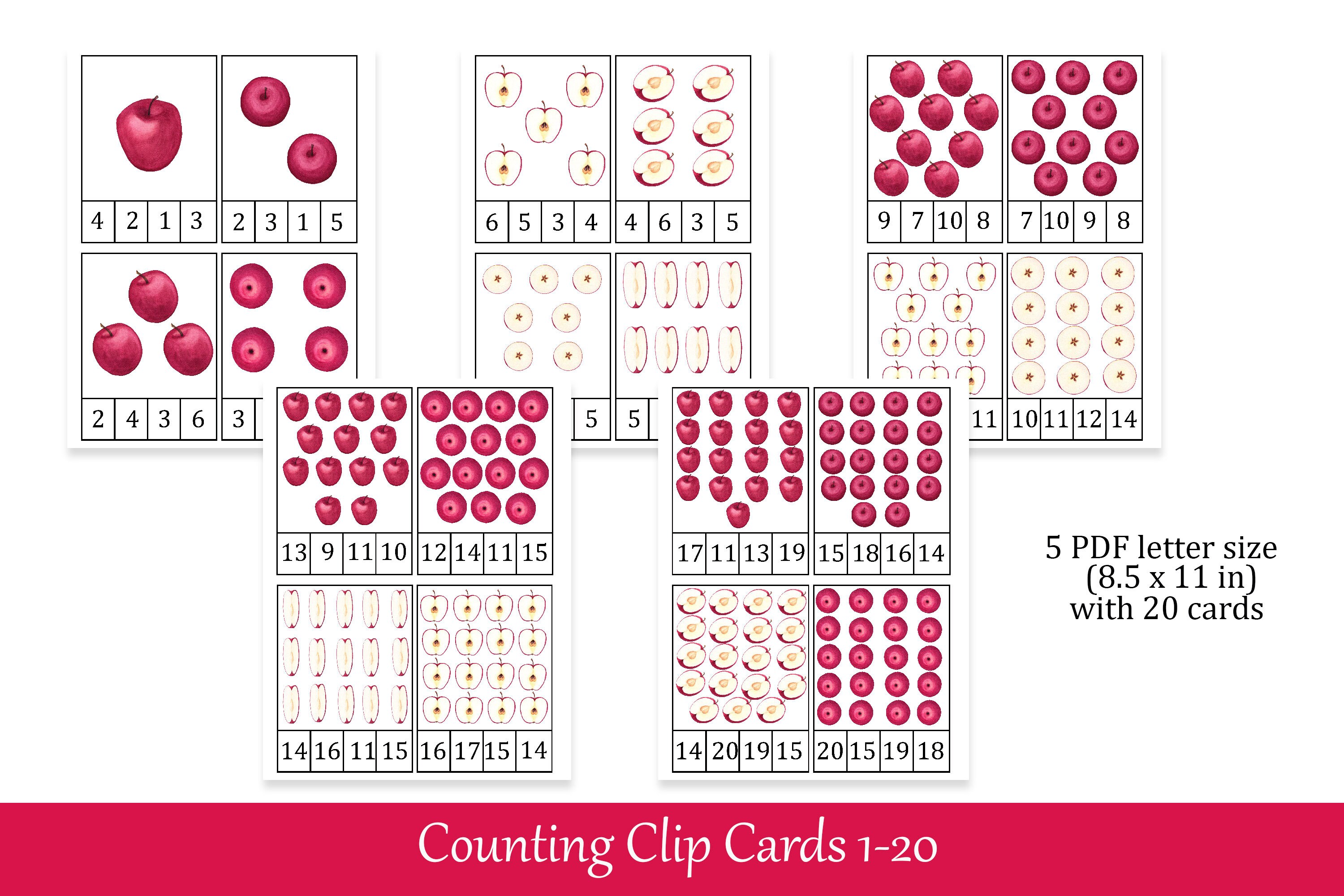 Apples Count and Clip Cards, Number 1 - 20, Flashcards, Fall Activity ...