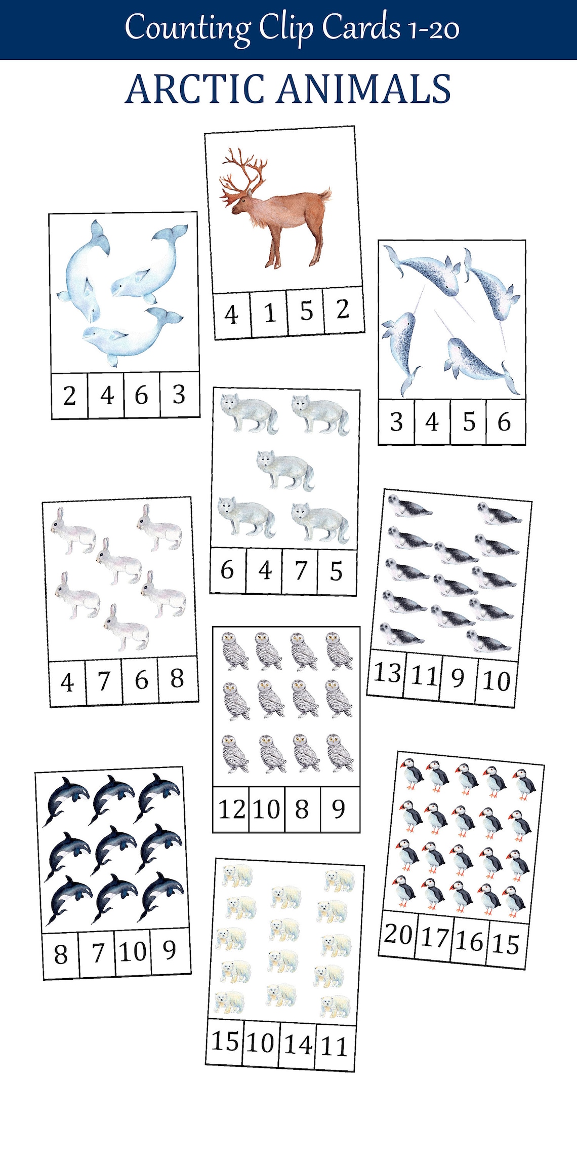 Arctic Animals Count and Clip Cards, Montessori Counting Numbers 1 20 ...