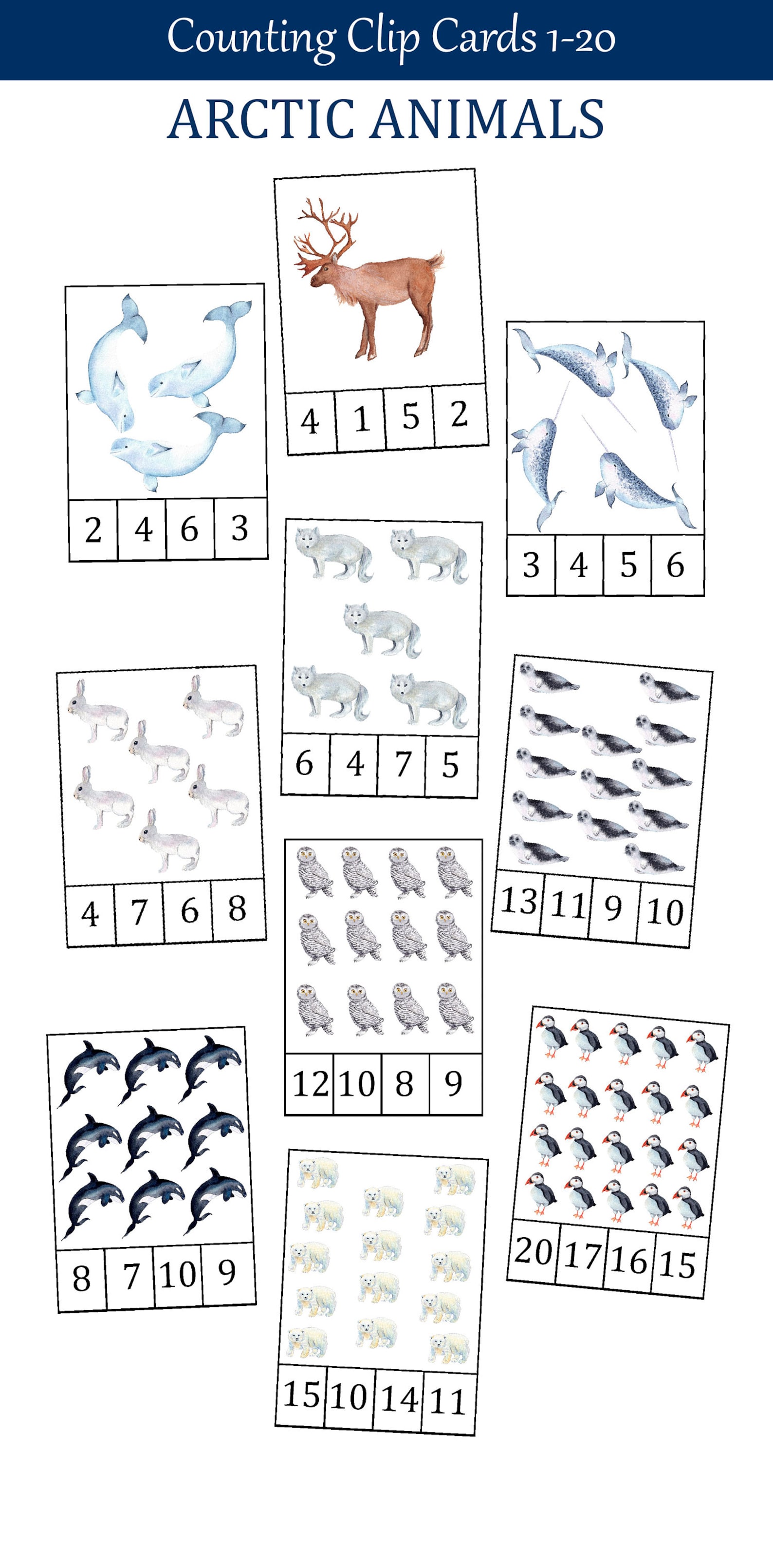 Arctic Animals Count and Clip Cards, Montessori Counting Numbers 1 20 ...