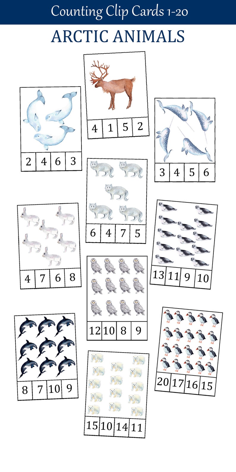 Arctic Animals Count and Clip Cards, Montessori Counting Numbers 1 - 20 ...