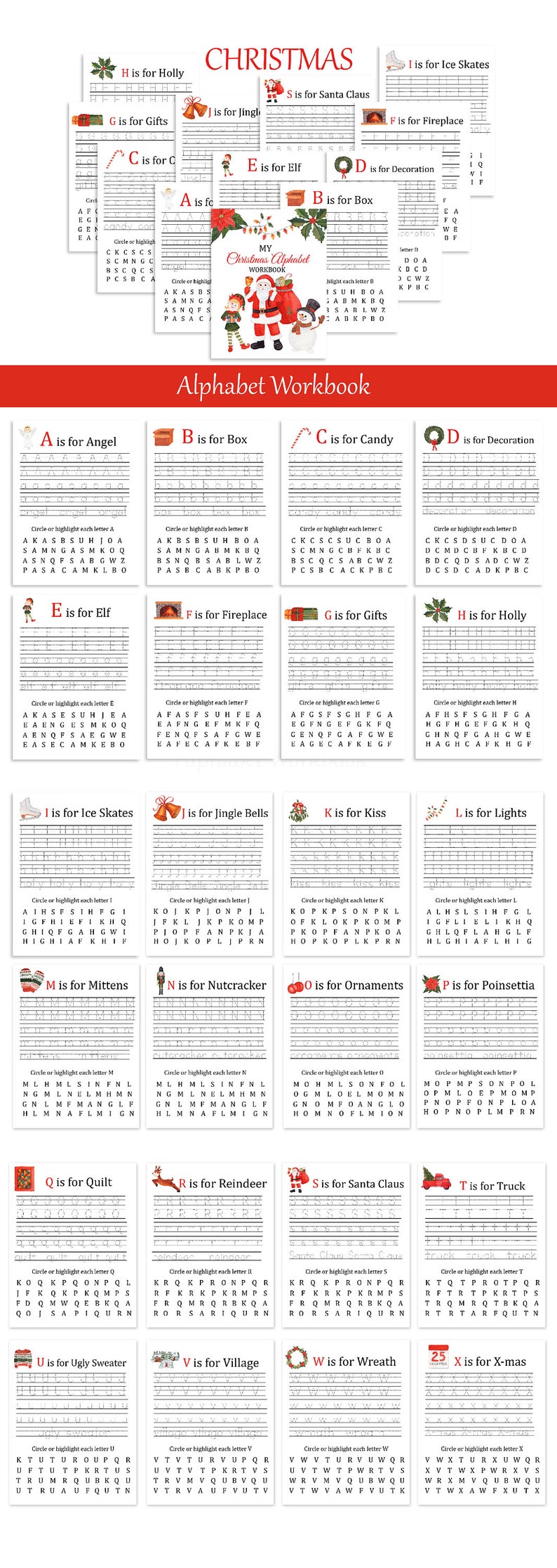 Christmas Alphabet Tracing Worksheets, Letters Writing Practice, ABC ...