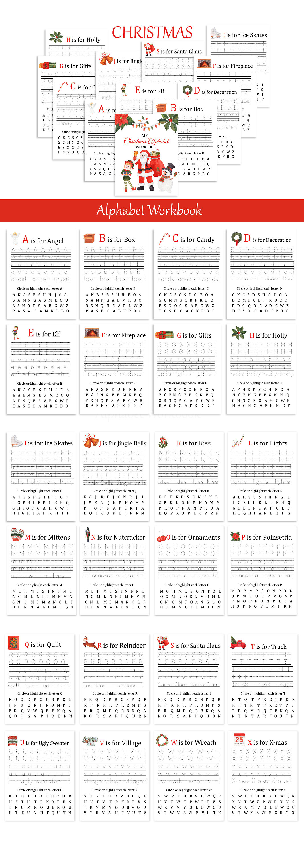 Christmas Alphabet Tracing Worksheets, Letters Writing Practice, ABC ...