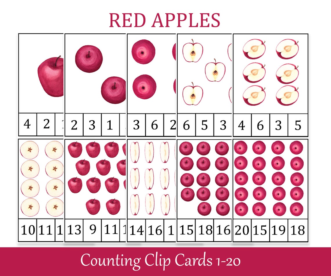 Apples Count and Clip Cards, Number 1 20, Flashcards, Fall Activity ...