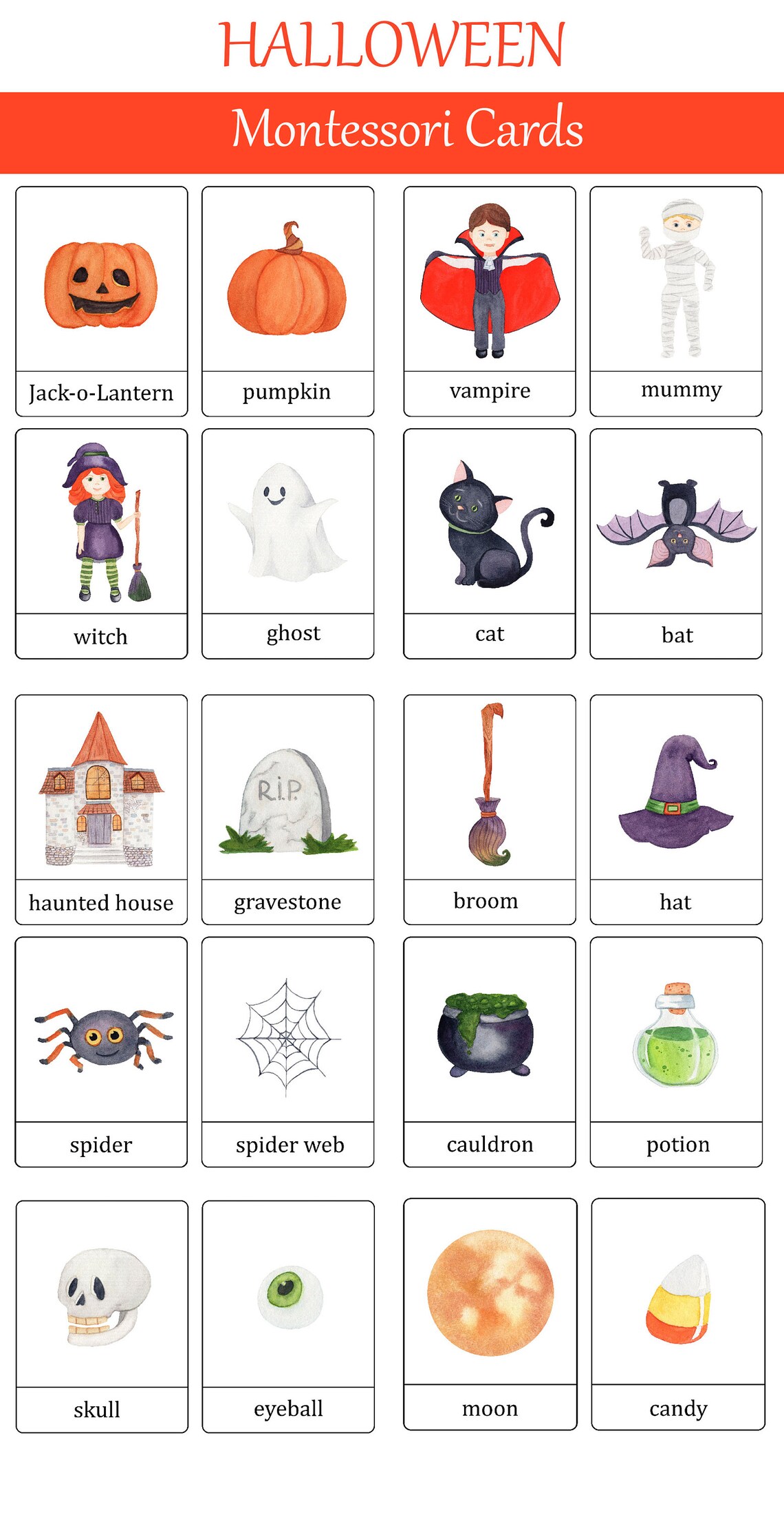 Halloween Preschool Flash Cards. Montessori 3 Part Cards. - Etsy
