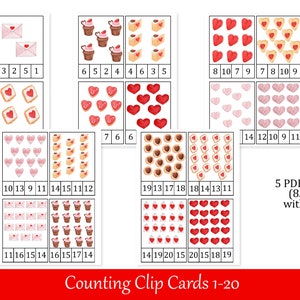 Valentines Day Count and Clip Cards, Number 1 - 20, Flashcards, Hearts ...