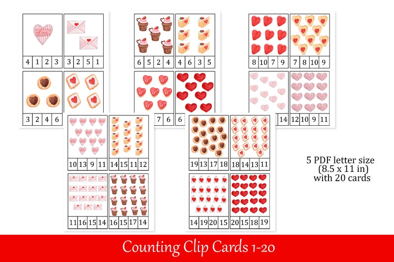 Valentines Day Count and Clip Cards, Number 1 20, Flashcards, Hearts ...