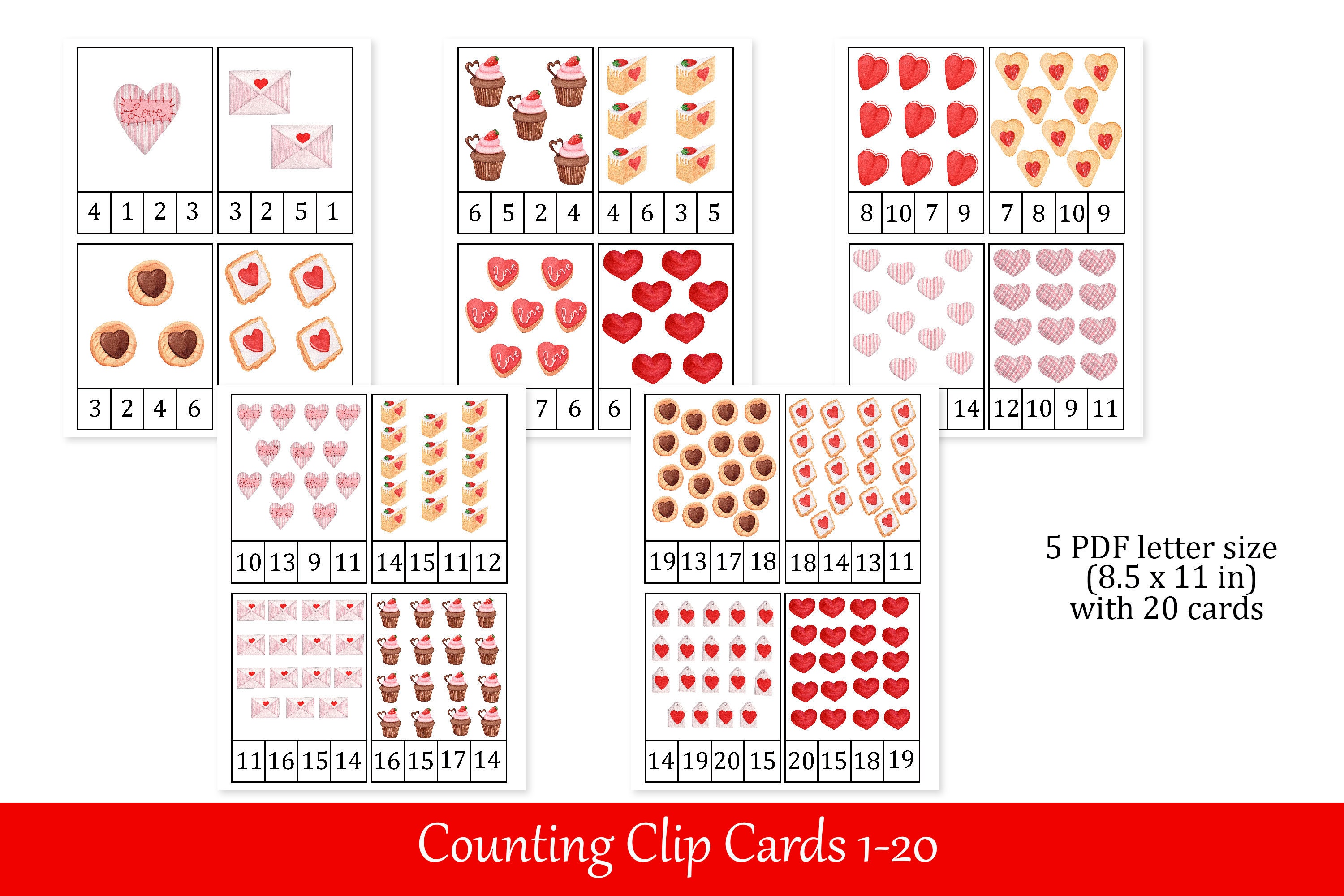 Valentines Day Count and Clip Cards, Number 1 20, Flashcards, Hearts ...