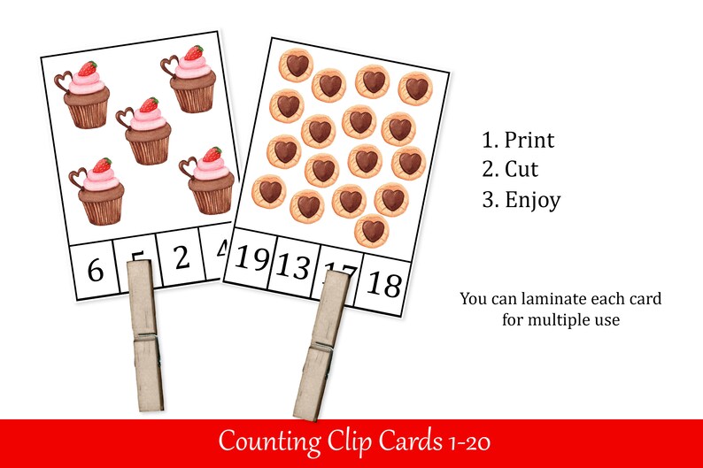 Valentines Day Count and Clip Cards, Number 1 20, Flashcards, Hearts ...