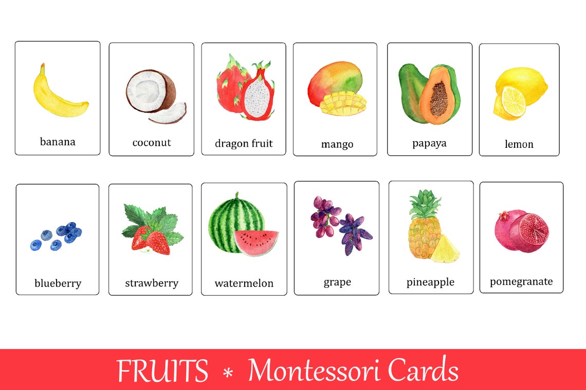 Fruits Watercolor Flash Cards. Montessori Three Part Cards ...