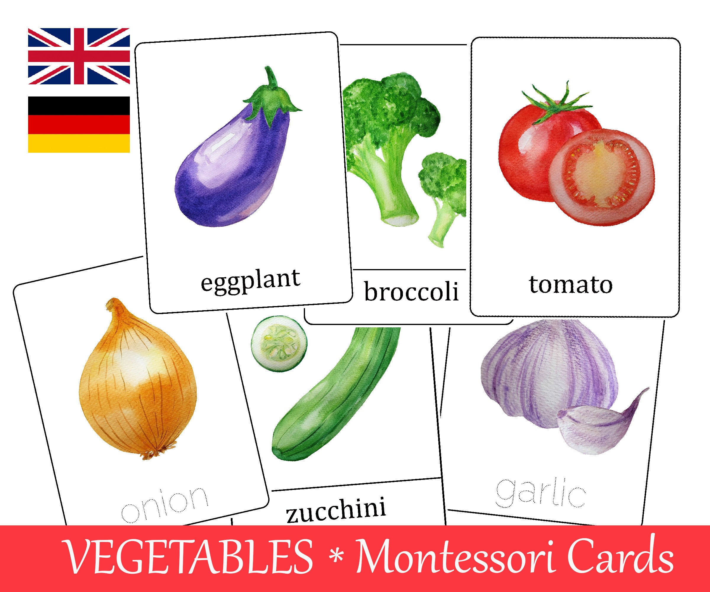 Vegetables Watercolor Flash Cards. Montessori Three Part Cards ...