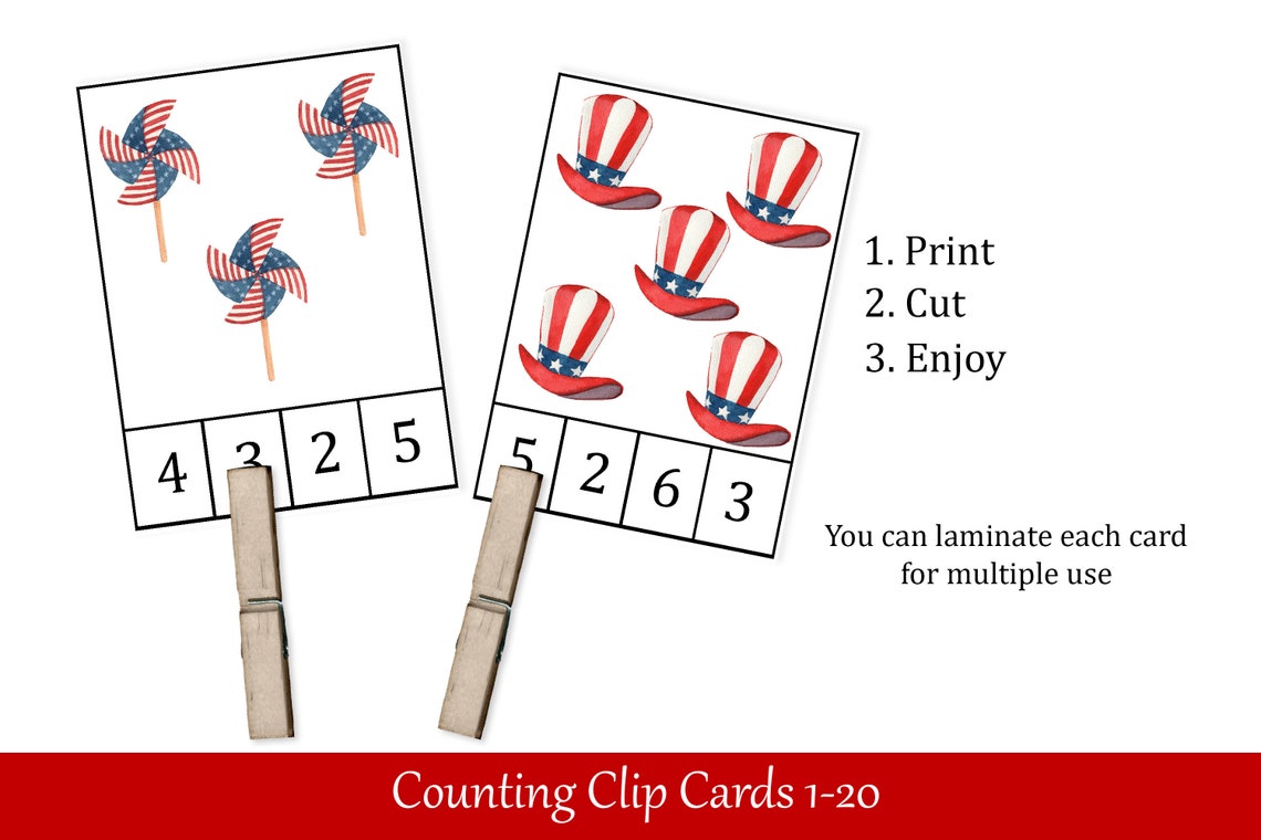 4th of July Count and Clip Cards, Number 1 - 20, USA Independence Day ...