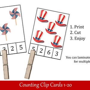 4th of July Count and Clip Cards, Number 1 - 20, USA Independence Day ...