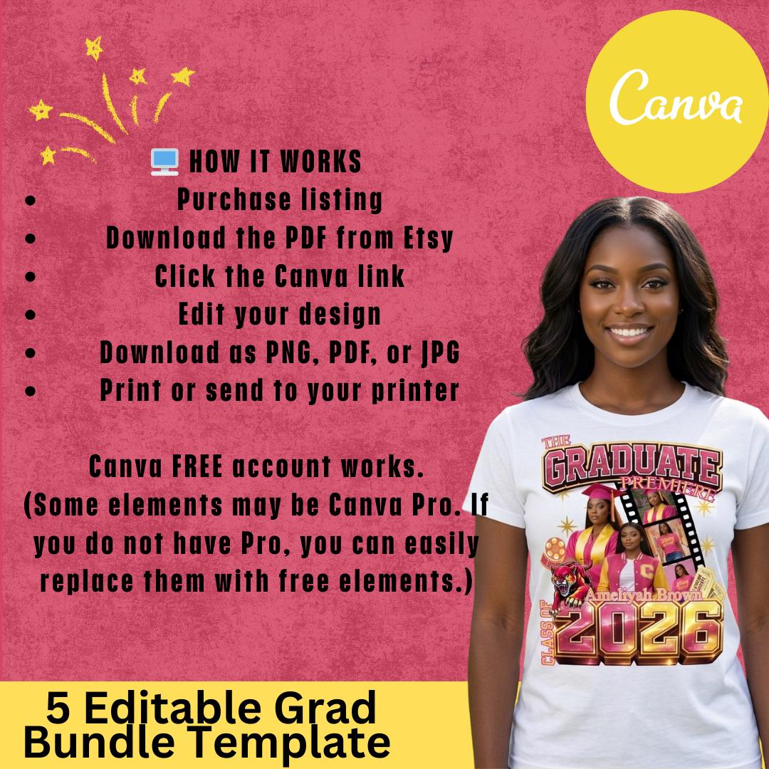 Hollywood Premiere Graduation Bundle | Editable Canva Templates ...