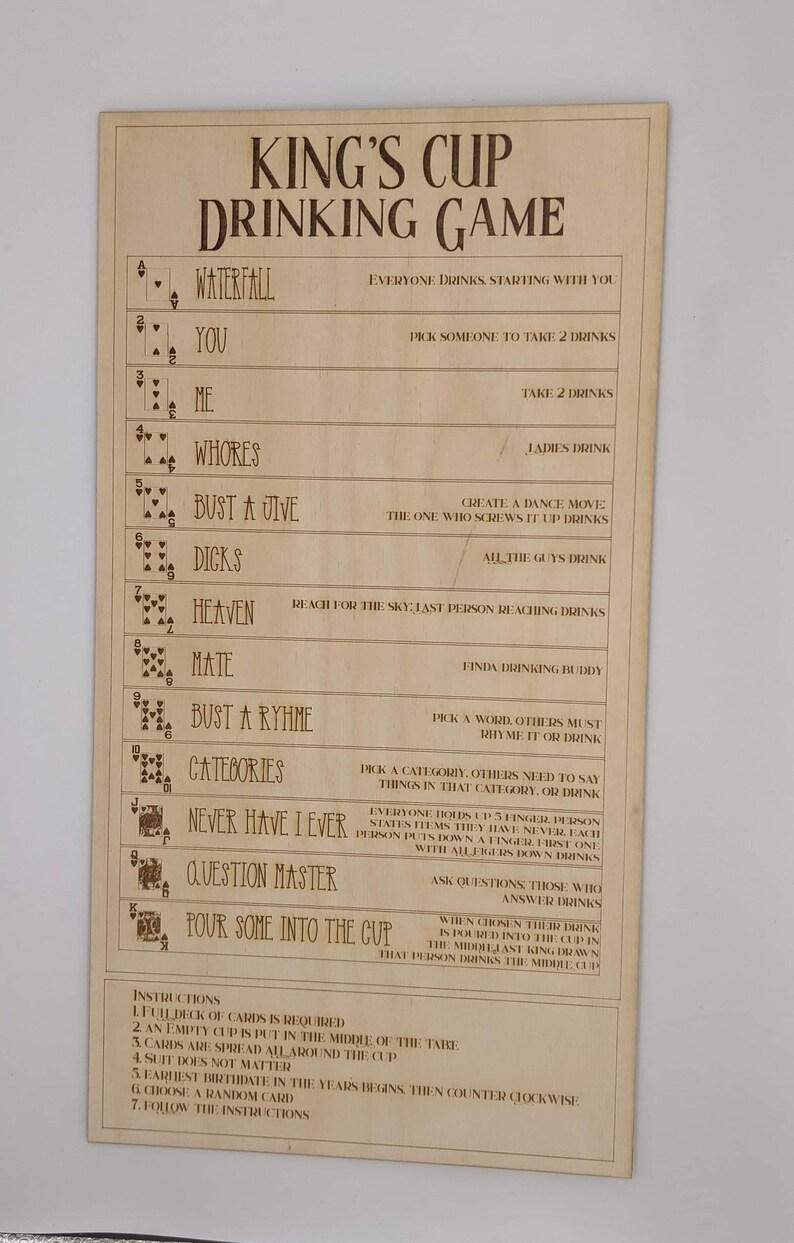 Kings Cup Game, Adult Game, Drinking Game, 18x10, 1 Layer, Engraved and ...