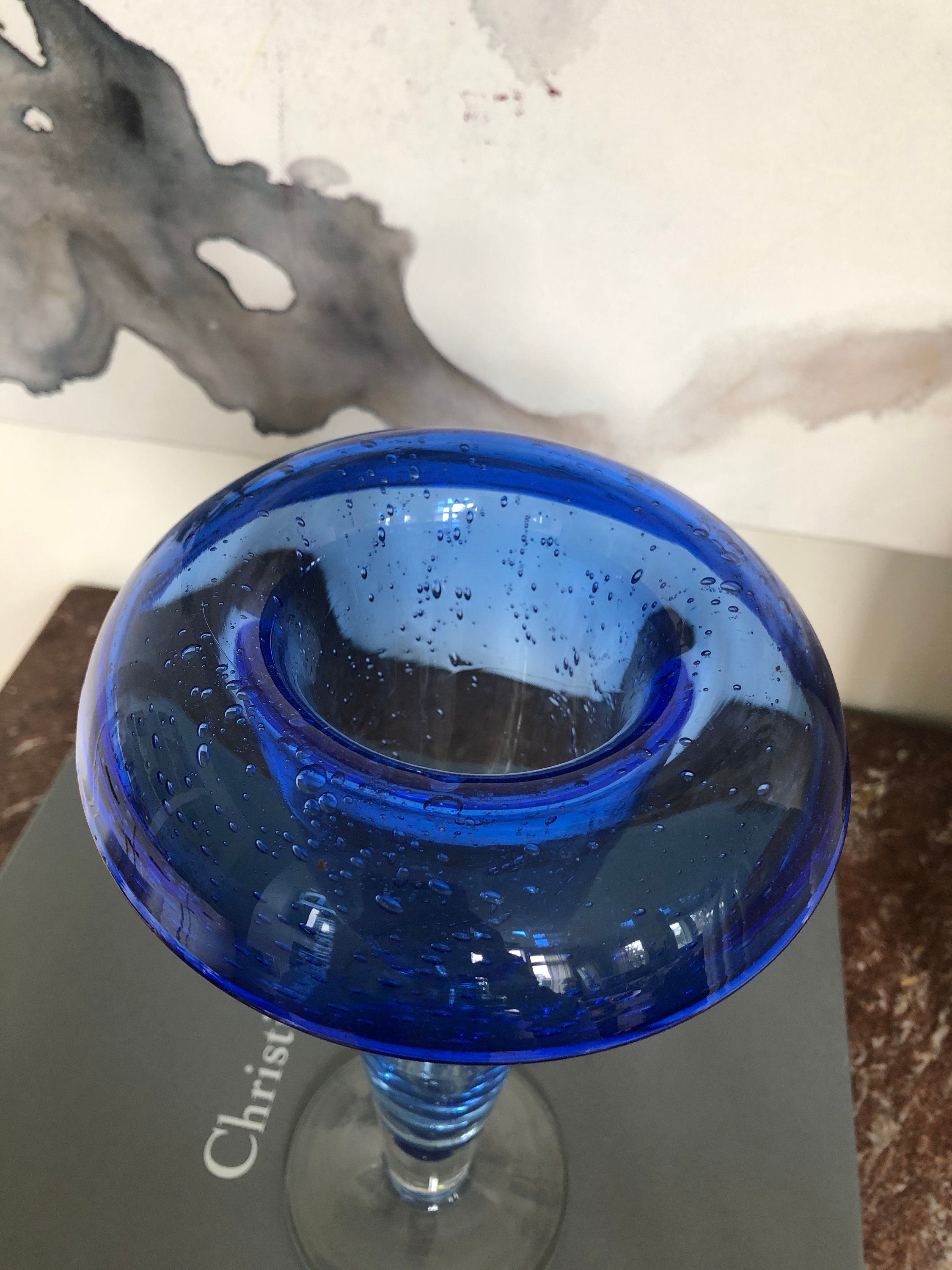 Vintage Hand Blown Fluted Blue Glass Vase, Cobalt Blue Footed Glass ...
