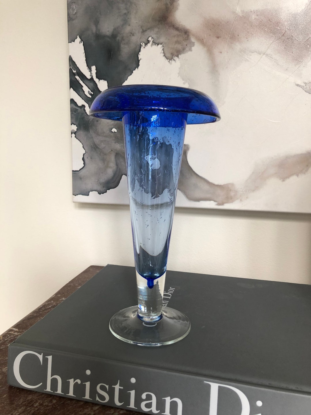 Vintage Hand Blown Fluted Blue Glass Vase, Cobalt Blue Footed Glass ...