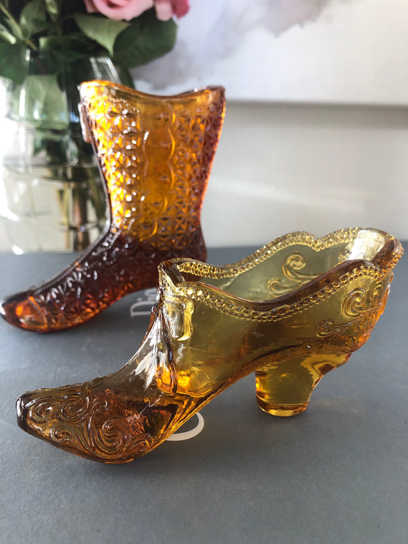 Set of 2 Vintage Amber Glass Shoes, Amber Glass Boot - Etsy
