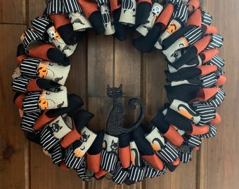 14 Halloween Cat Wreath With Bow Black Deco Mesh Fur | Etsy