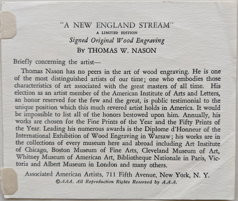 Thomas Nason Wood Engraving "a New England Stream" 1951, Signed - Etsy