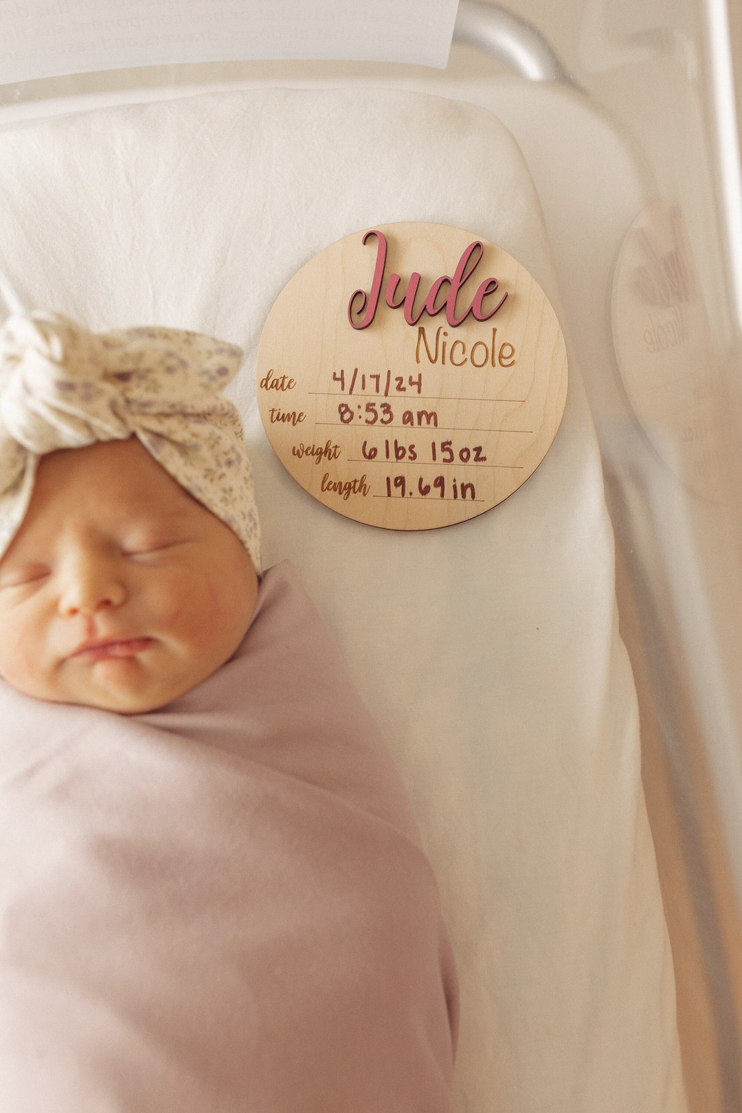 Round Wooden Baby Plaque 3D Custom Wood Baby Name Announcement Sign ...