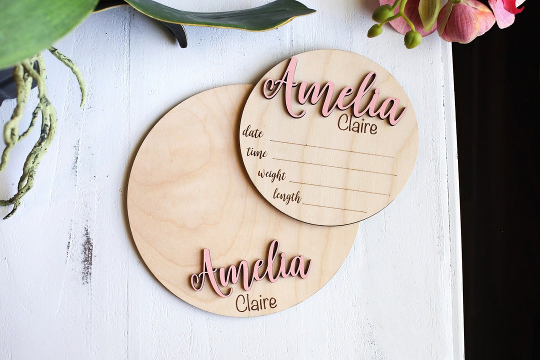 Round Wooden Baby Plaque, 3D Custom Wood Baby Name Announcement Sign ...