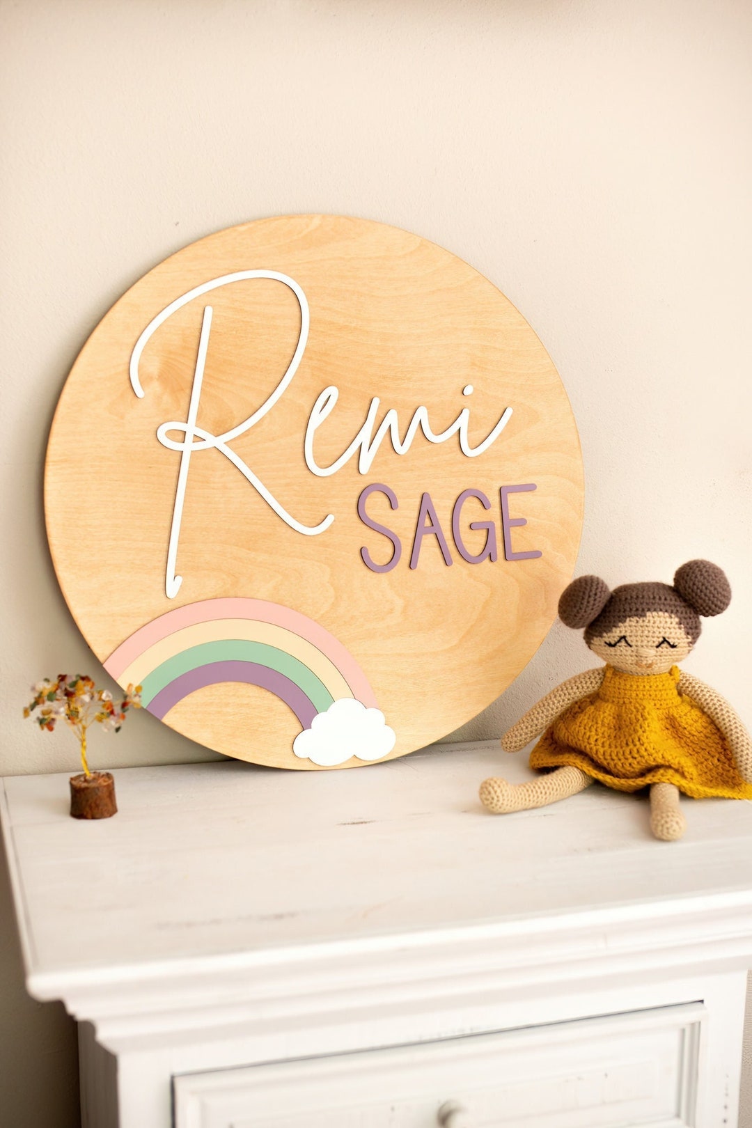 Rainbow Round Name Sign, Nursery Round Name Sign Girl, 3D Baby Name ...