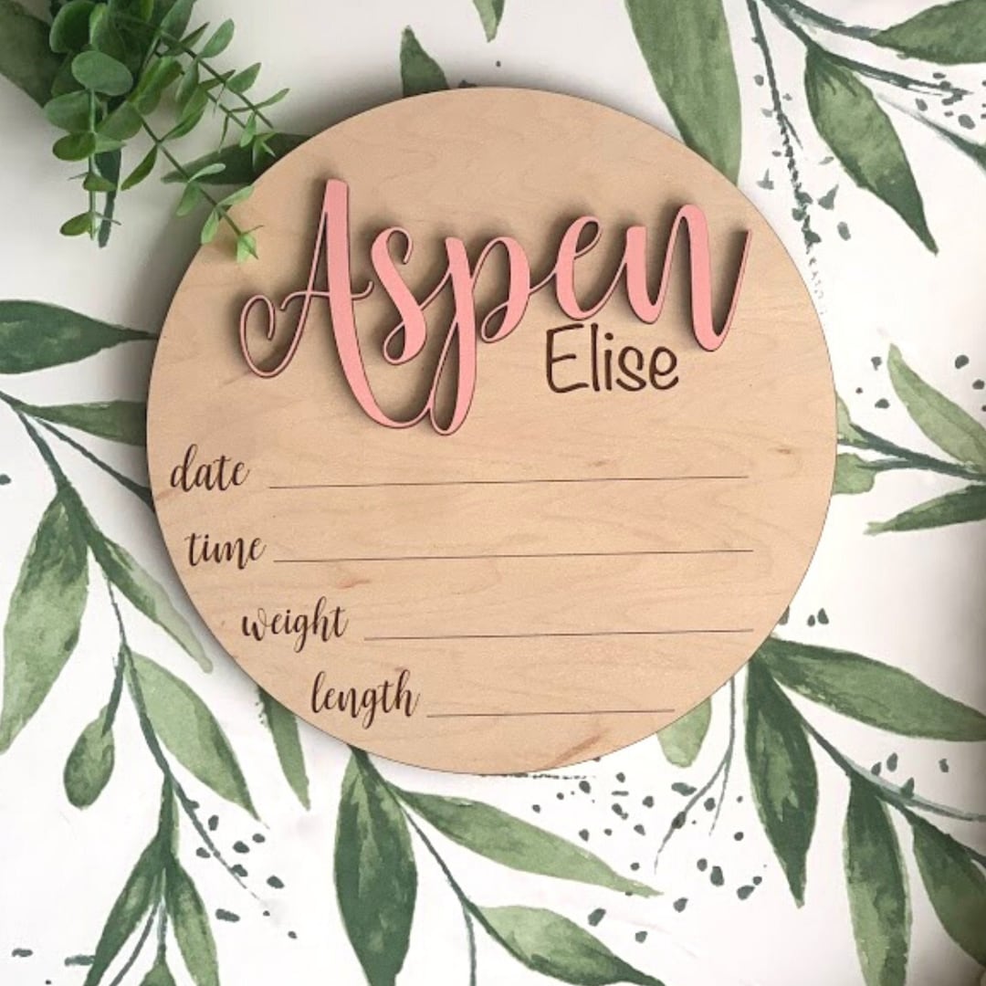 Round Wooden Baby Plaque 3D Custom Wood Baby Name Announcement Sign ...