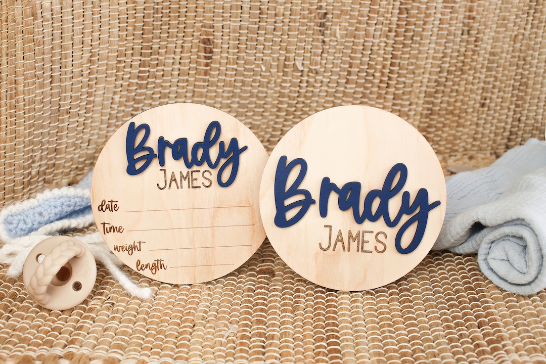 Newborn Baby Birth Announcement Sign Round Wooden Custom Wood Baby Name ...