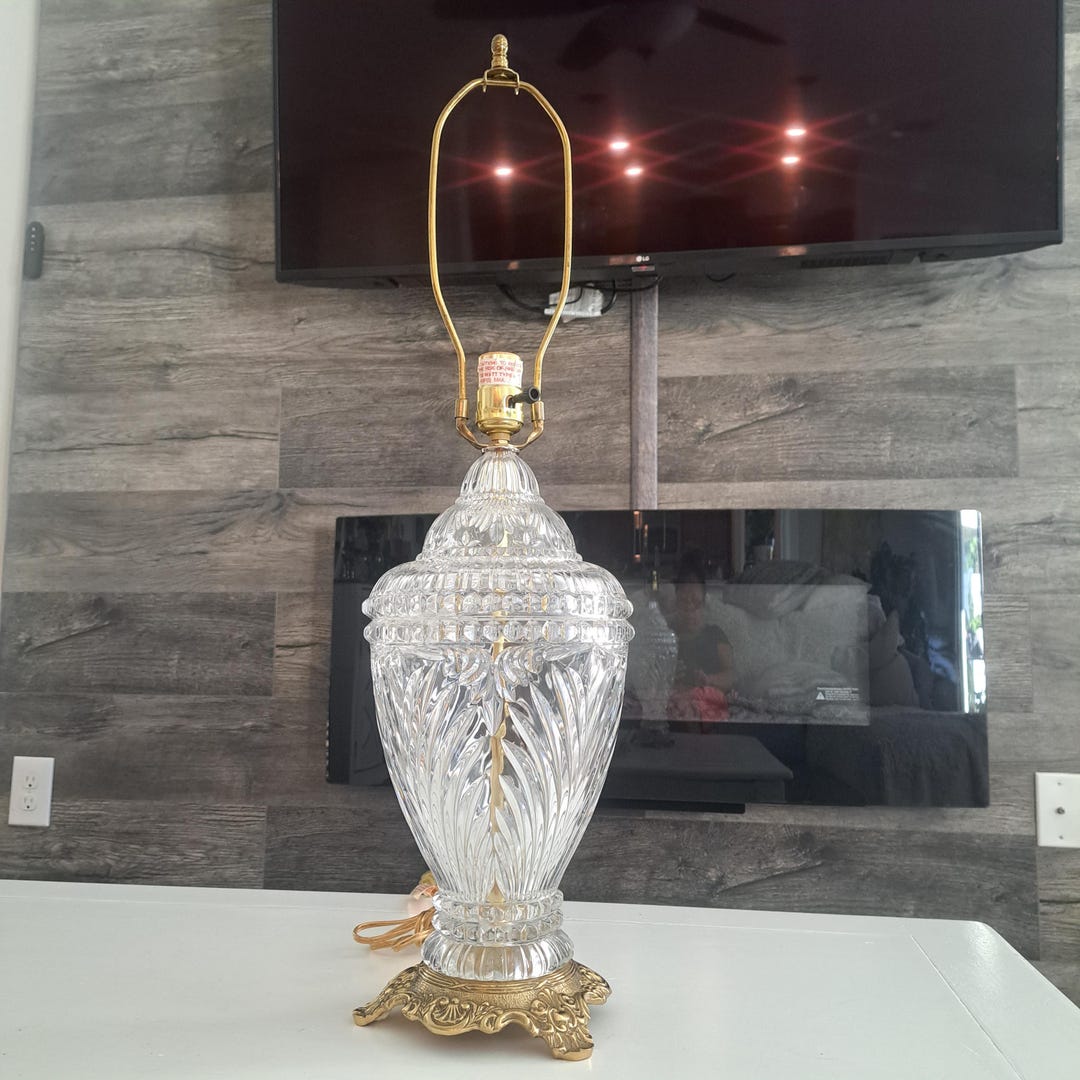 Waterford Style Heavy Cut Glass Clear Vanity Table Ornate Gold Brass ...