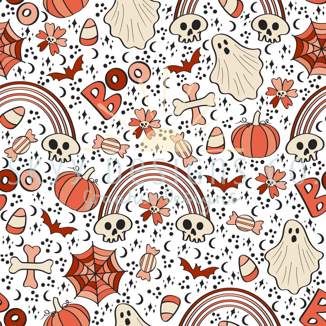 Boho Halloween Spooky Ghosts Digital Seamless Pattern for Fabrics and ...